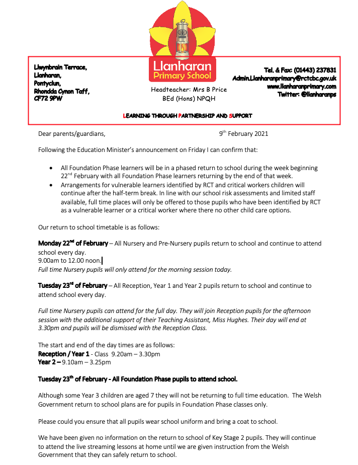 School reopening to all Foundation Phase pupils February 2021 – Llanharan Primary School