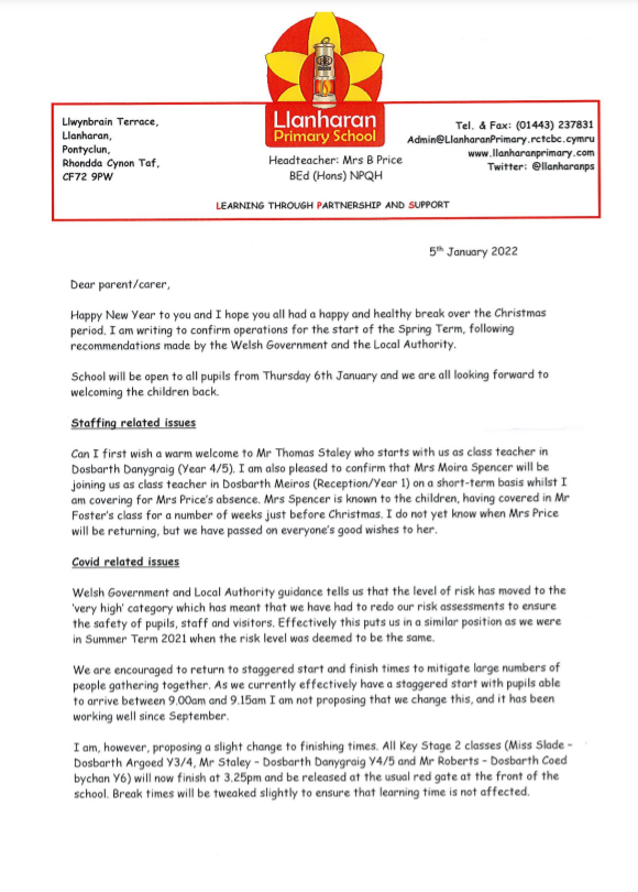 Letter on school re-opening January 2022 – Llanharan Primary School